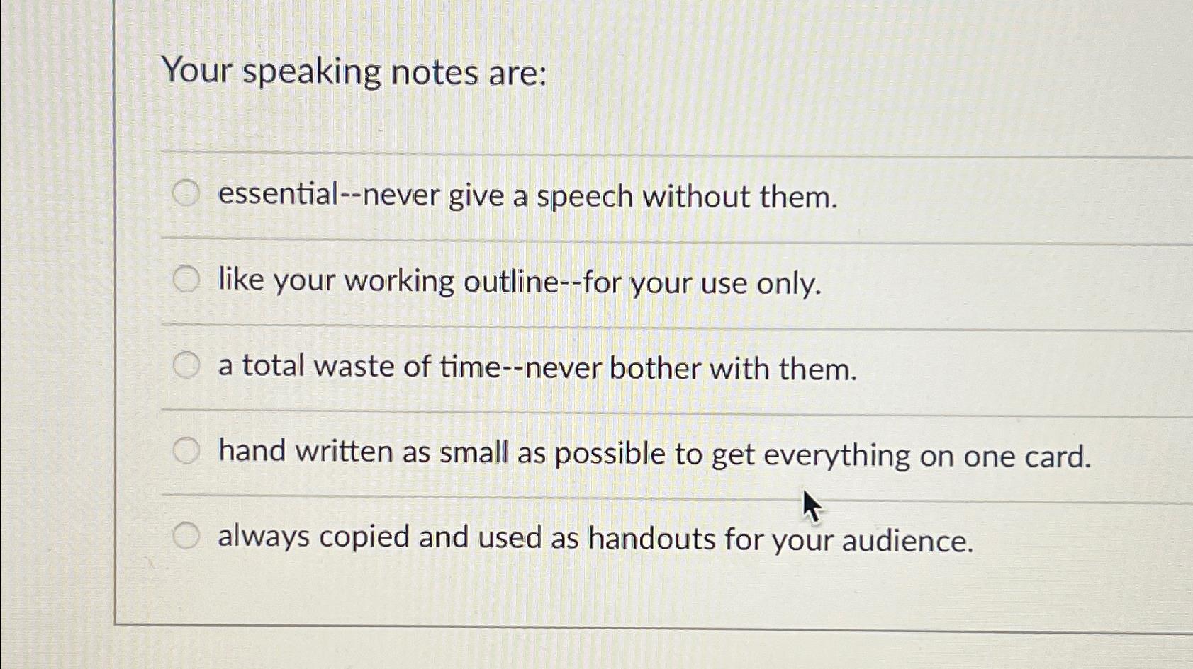 Solved Your speaking notes are:essential--never give a | Chegg.com