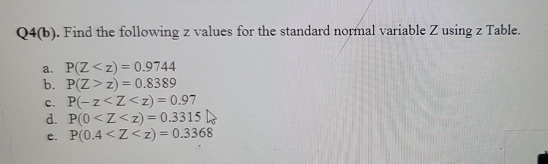 Solved Q4(b). Find the following z values for the standard | Chegg.com