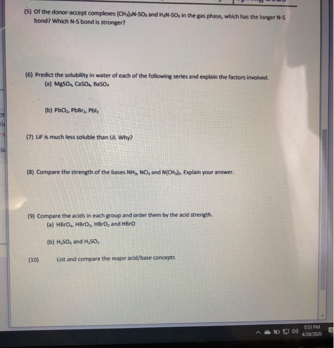 Solved (1) Identify the acid and base in the following | Chegg.com