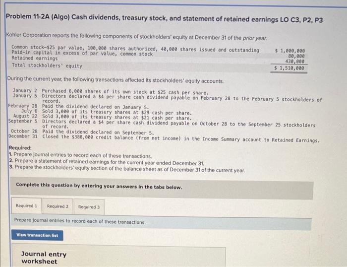 Solved Problem 11 2a Algo Cash Dividends Treasury Stock