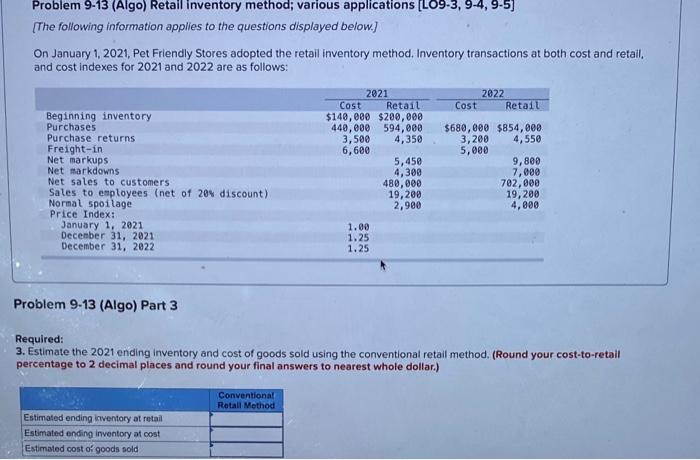 Solved Problem 9-13 (Algo) Retail inventory method; various | Chegg.com