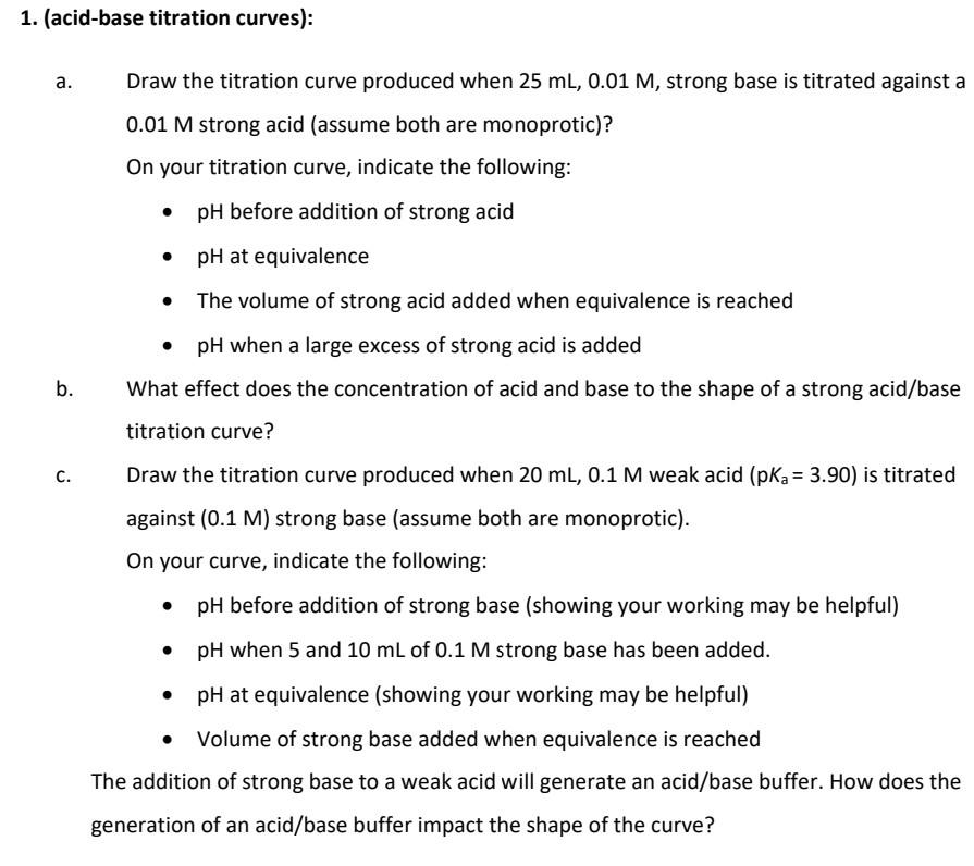 Solved 1. (acid-base titration curves): a. Draw the | Chegg.com