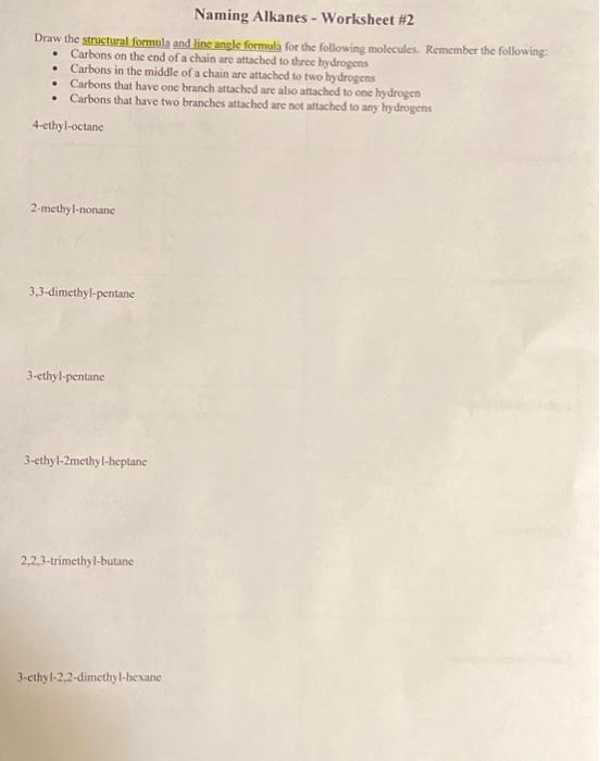 Solved Naming Alkanes - Worksheet #2 Draw the structural | Chegg.com
