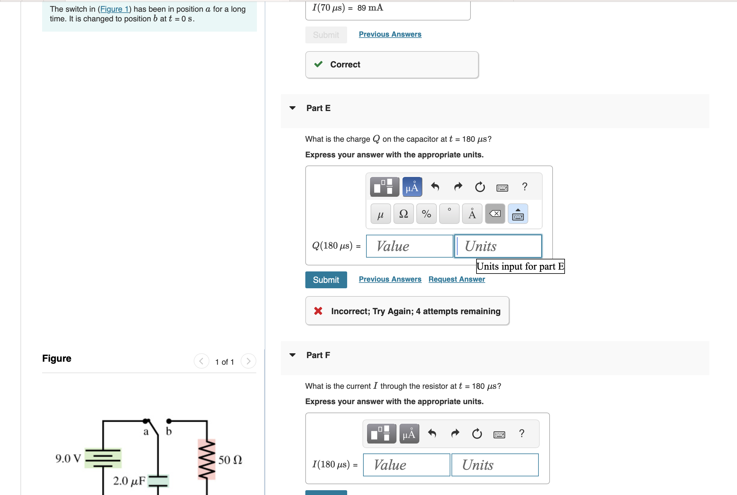 Solved The switch in (Figure 1) ﻿has been in position a for | Chegg.com