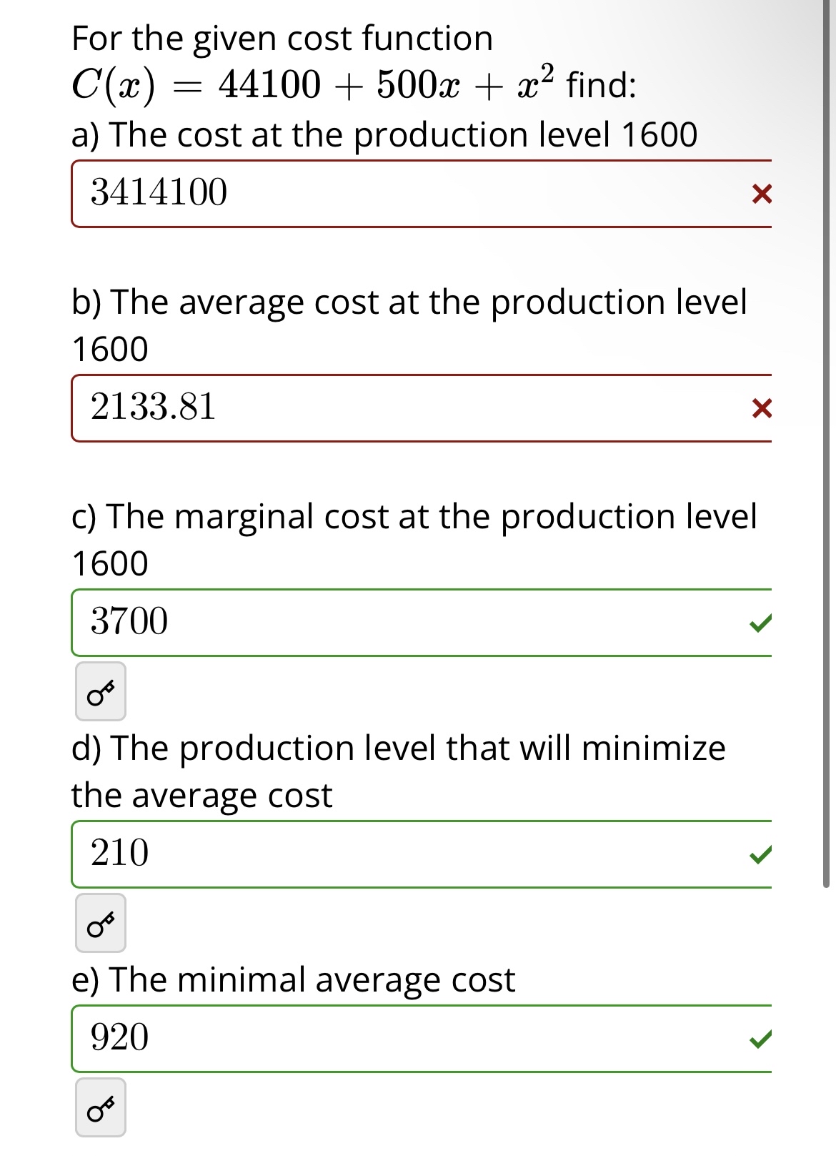 Solved For the given cost function C(x)=44100+500x+x2 | Chegg.com