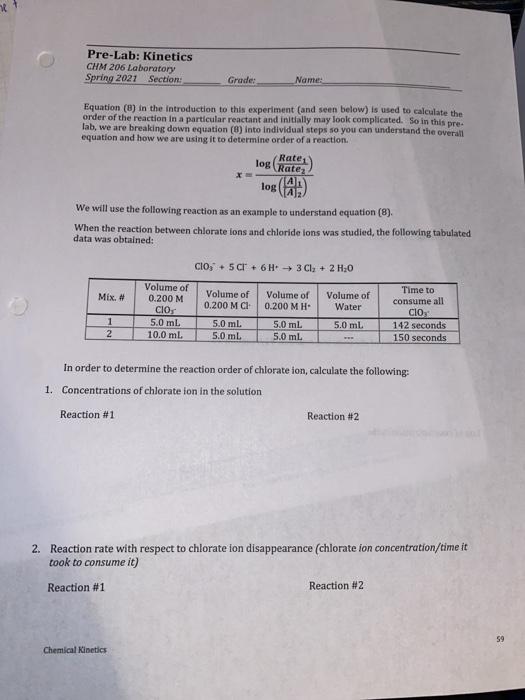 Solved Pre-Lab: Kinetics CHM 206 Laboratory Spring 2021 | Chegg.com