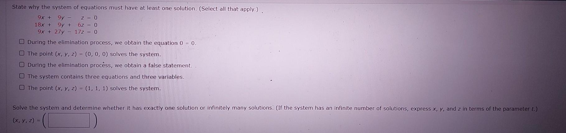 Solved Solve the system of linear equations. (If there is no | Chegg.com