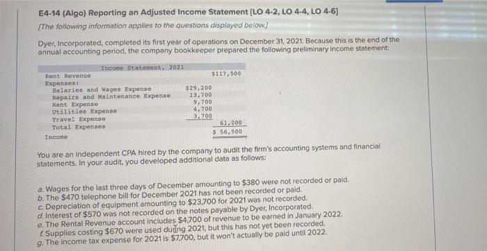 Solved E4-14 (Algo) Reporting an Adjusted Income Statement | Chegg.com