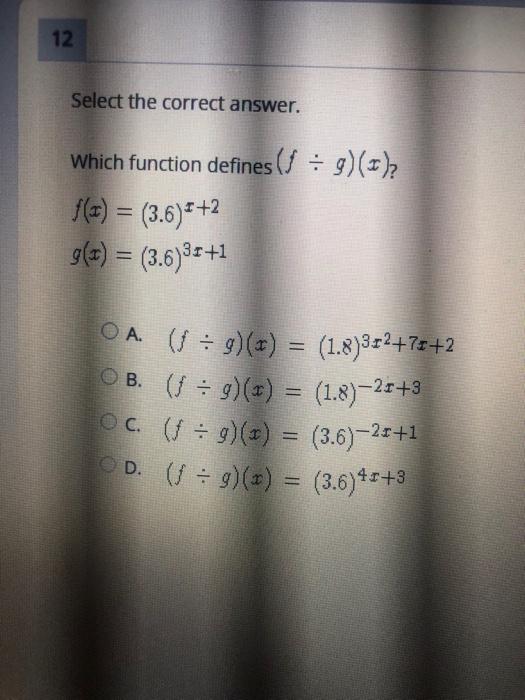 Solved 12 Select the correct answer. Which function defines | Chegg.com