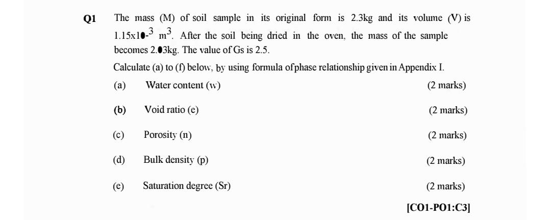 Solved Q1 The mass (M) of soil sample in its original form | Chegg.com