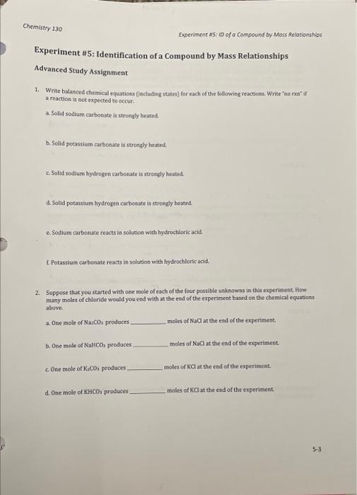 Solved Experiment \#5: Identification of a Compound by Mass | Chegg.com