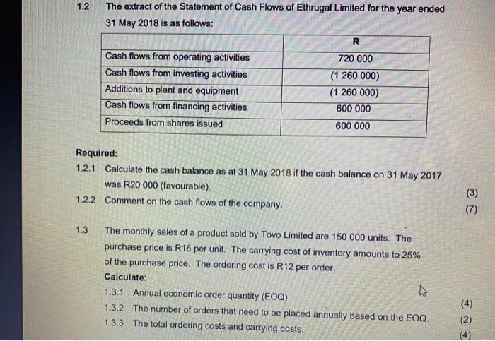 Solved 1.2 The extract of the Statement of Cash Flows of | Chegg.com