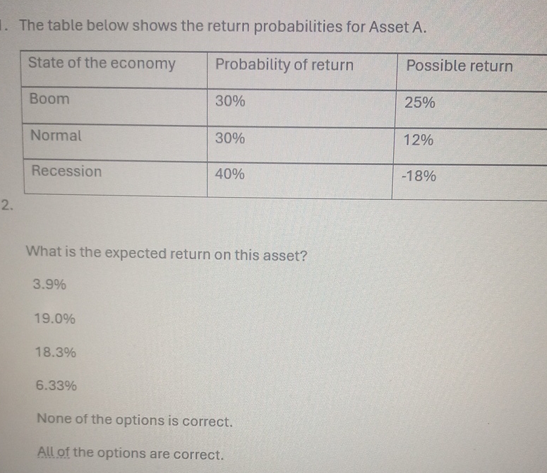 Solved The table below shows the return probabilities for | Chegg.com