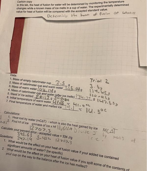 Solved Carbon copy In this lab, the heat of fusion for water | Chegg.com