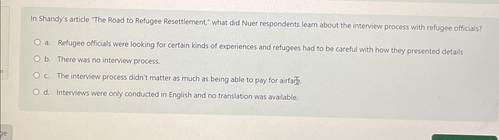 Solved In Shandy's article "The Road to Refugee | Chegg.com
