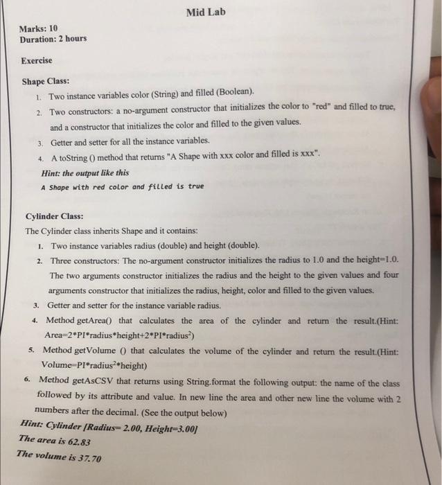 Solved Marks: 10 Duration: 2 hours Exercise Shape Class: 1. | Chegg.com