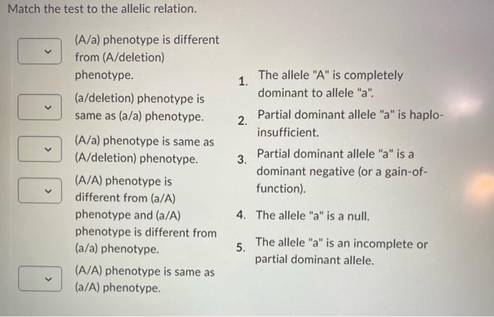 Solved Match the test to the allelic relation. (A/a) | Chegg.com