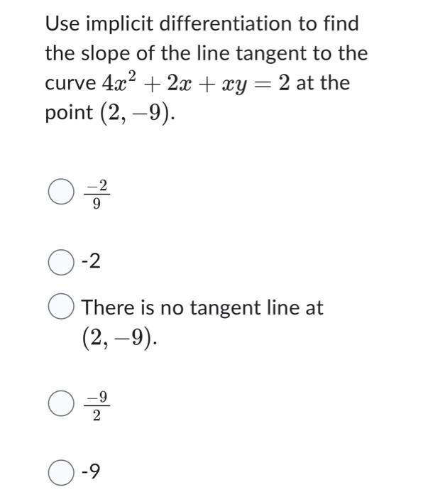 Solved Use implicit differentiation to find the slope of the | Chegg.com