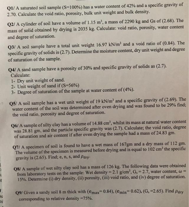 Solved Q1/ A saturated soil sample (S=100%) has a water | Chegg.com