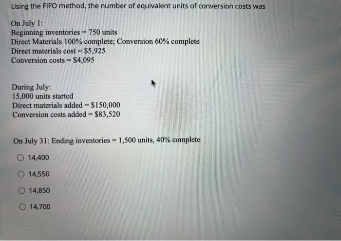 Solved Using the FIFO method, the number of equivalent units | Chegg.com