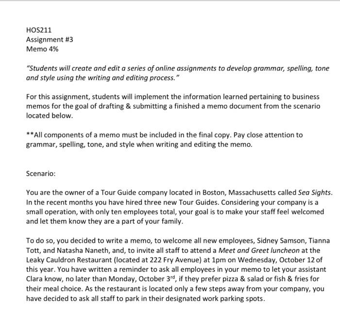 HOS211 Assignment #3 Memo 4% "Students will create | Chegg.com