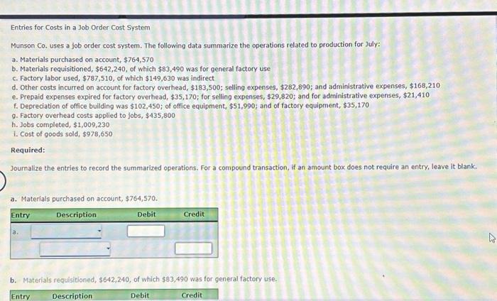 Solved Entries for Costs in a Job Order Cost System Munson | Chegg.com