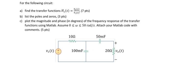 Solved For the following circuit: a) find the transfer | Chegg.com