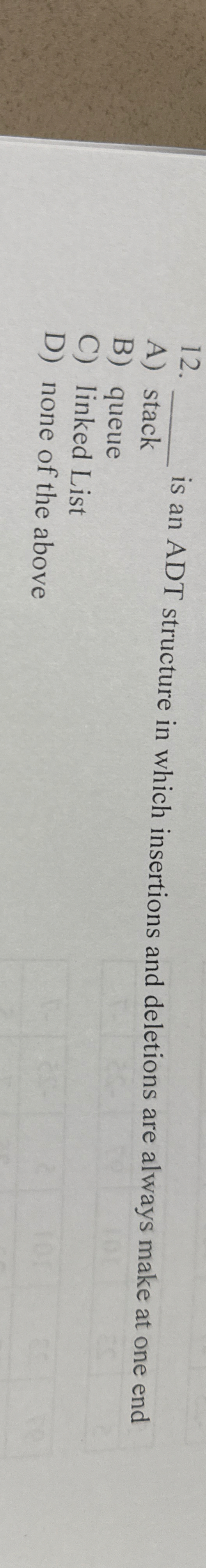 Solved ﻿is an ADT structure in which insertions and | Chegg.com
