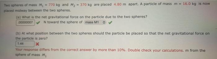 Solved Two spheres of mass M1=770 kg and M2=370 kg are | Chegg.com