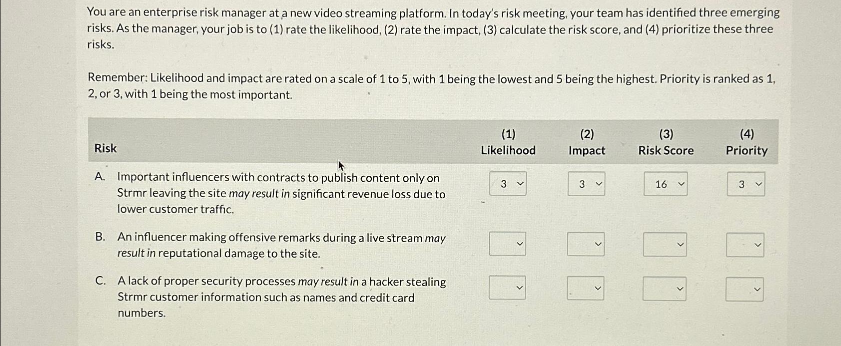Solved You are an enterprise risk manager at a new video | Chegg.com