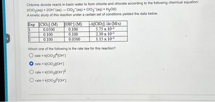Solved Chlorine dioxide reacts in basic water to form | Chegg.com