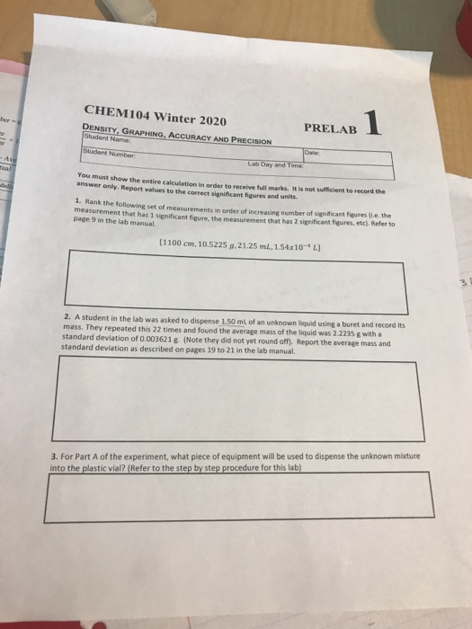 Solved CHEM104 Winter 2020 DENSITY, GRAPHING, ACCURACY AND | Chegg.com
