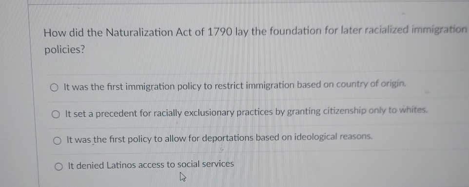 Solved How did the Naturalization Act of 1790 ﻿lay the | Chegg.com
