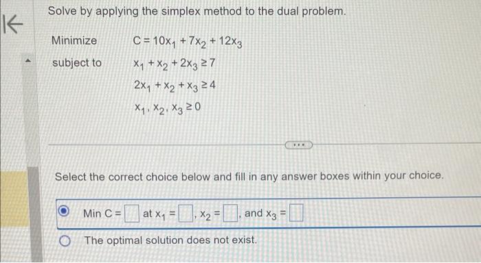 Solved Solve by applying the simplex method to the dual | Chegg.com