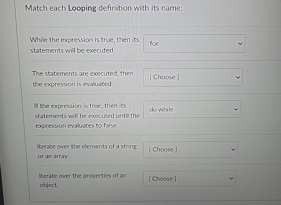 Solved Match each Looping definition with its name:\\nWhile | Chegg.com