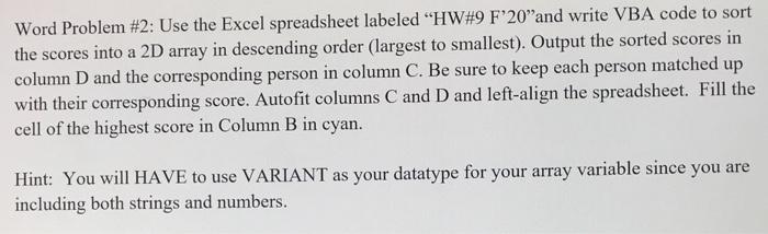 Solved Word Problem #2: Use the Excel spreadsheet labeled | Chegg.com