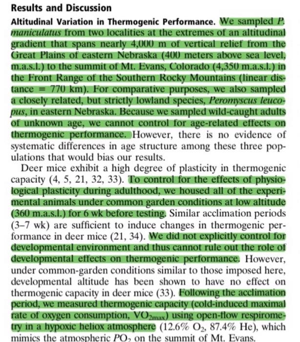Solved Experiment To learn how highland deer mice cope with | Chegg.com