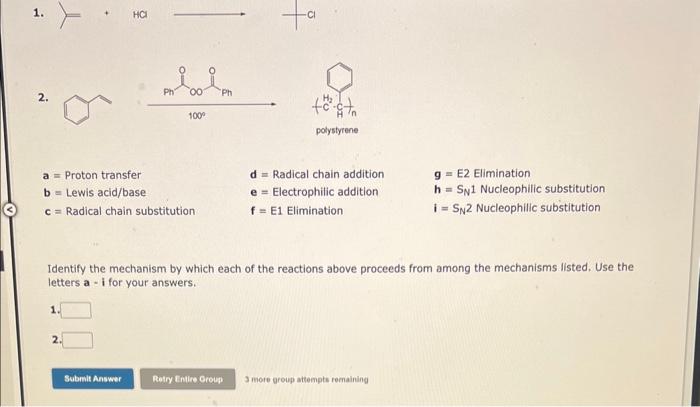 Solved 1. 2. a= Proton transfer d= Radical chain addition g= | Chegg.com