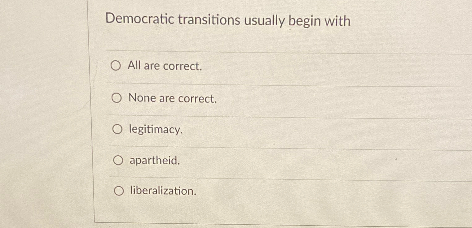 Solved Democratic transitions usually begin withAll are | Chegg.com