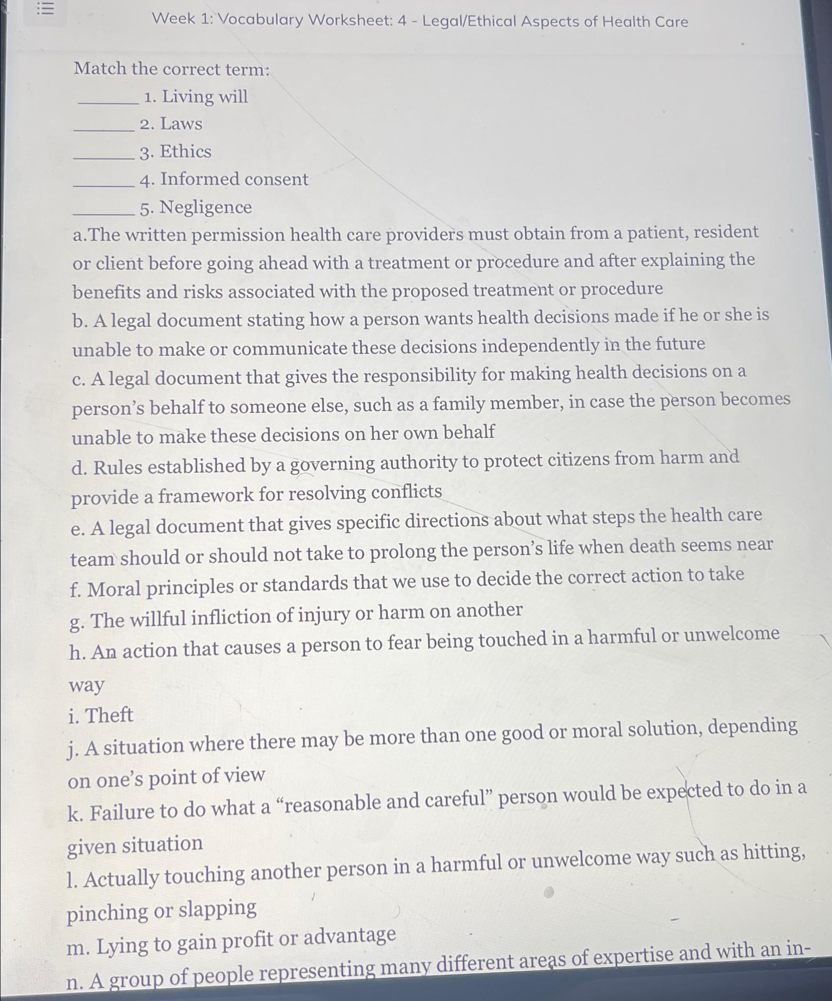 Solved Week 1: Vocabulary Worksheet: 4 - ﻿Legal/Ethical | Chegg.com