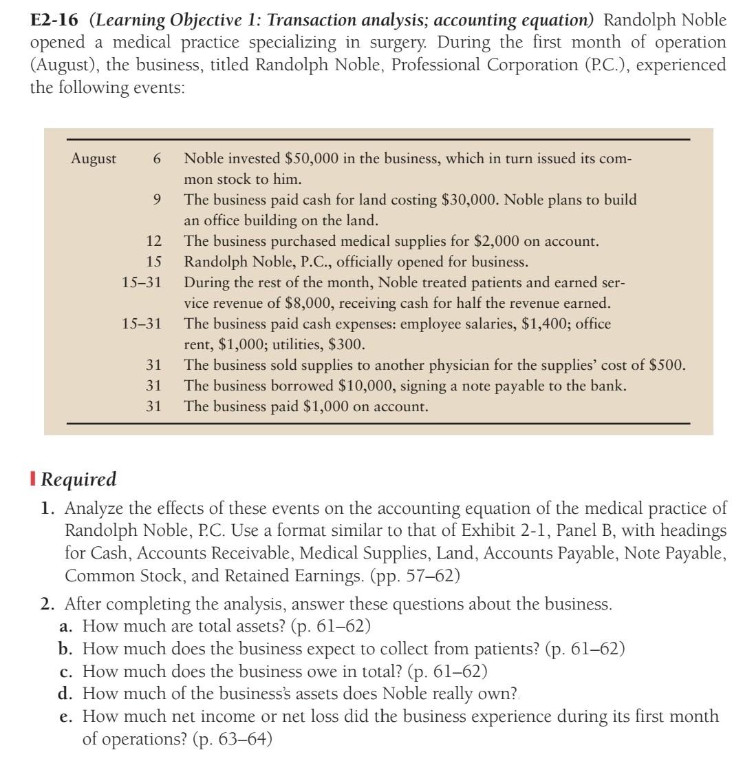 E2-16 (Learning Objective 1: Transaction analysis; | Chegg.com