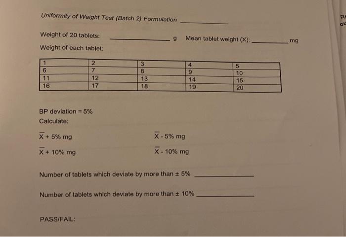 Uniformity of Weight Test (Batch 2) Formulation RE ou | Chegg.com