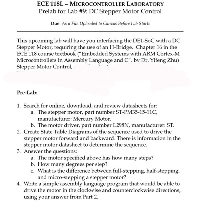 ECE 118L - MICROCONTROLLER LABORATORY Prelab for Lab | Chegg.com