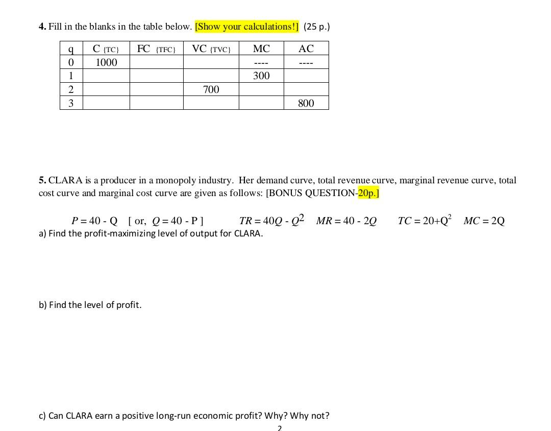 Solved 4. Fill in the blanks in the table below. [Show your | Chegg.com