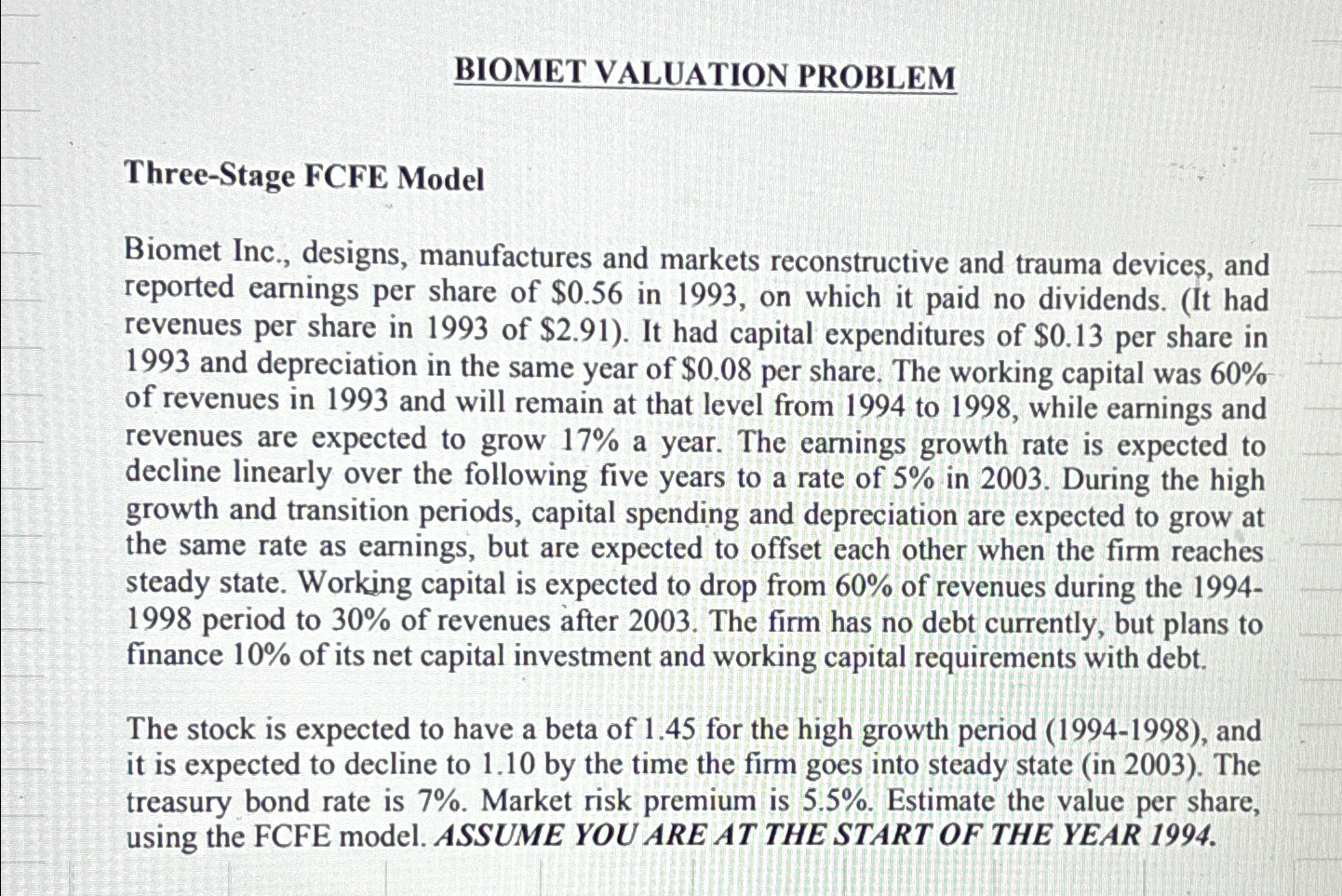 Solved BIOMET VALUATION PROBLEMThree-Stage FCFE ModelBiomet | Chegg.com