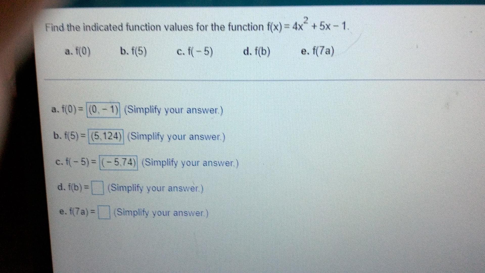Solved Find the indicated function values for the function | Chegg.com