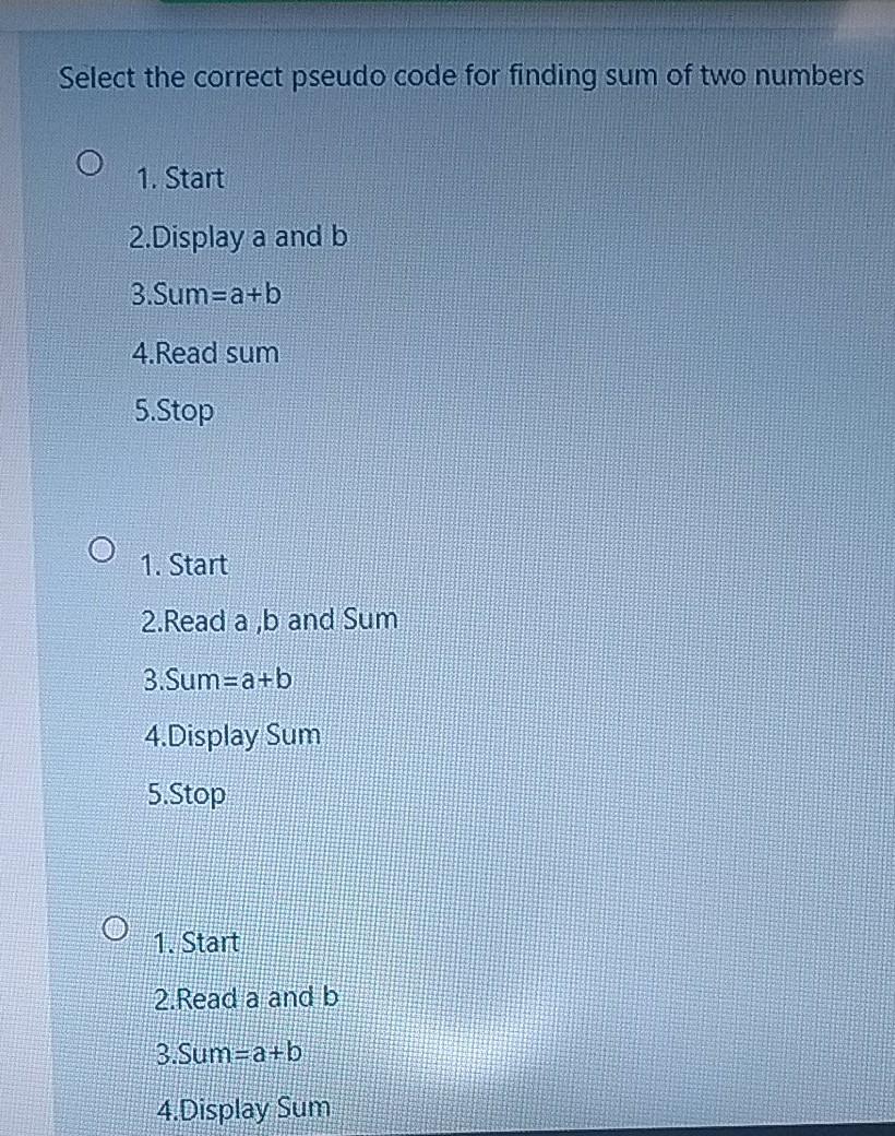 Solved Select the correct pseudo code for finding sum of two | Chegg.com