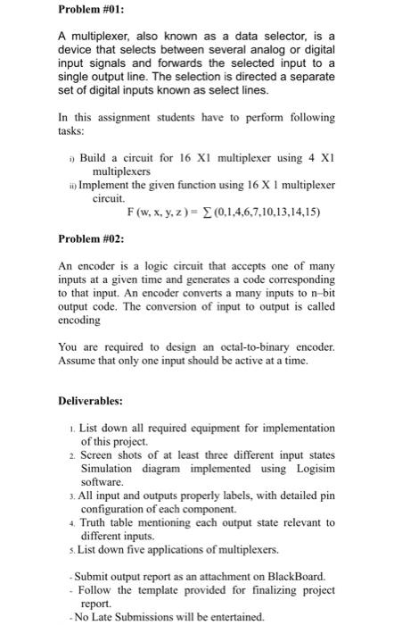 Solved Problem #01: A multiplexer, also known as a data | Chegg.com