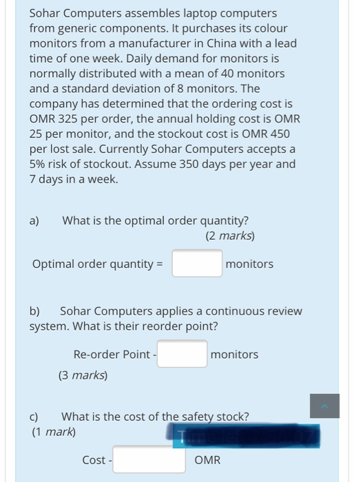 Solved Sohar Computers assembles laptop computers from | Chegg.com