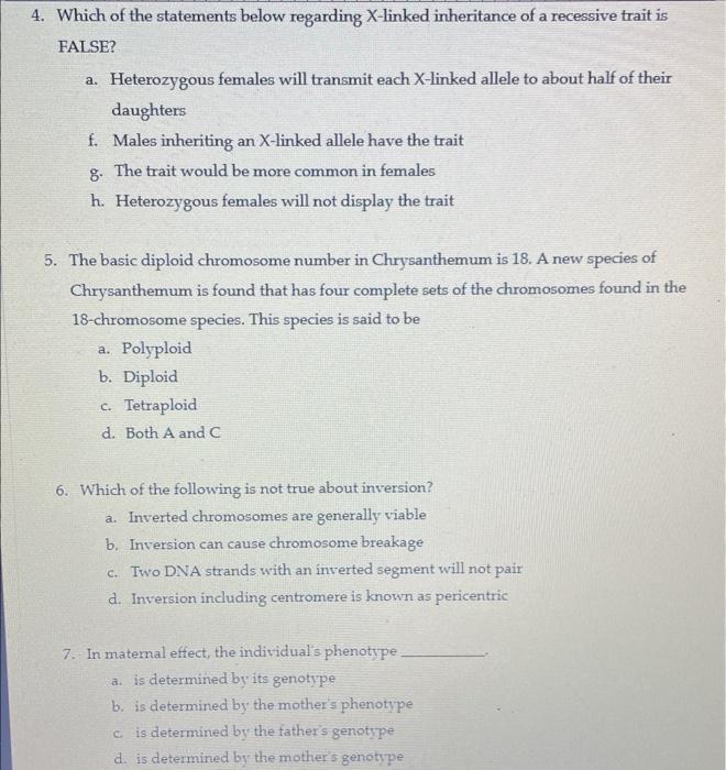 Solved 4. Which of the statements below regarding X-linked | Chegg.com